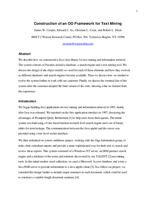 (PDF) Construction of an OO Framework for Text Mining