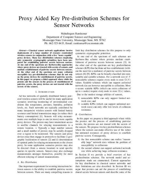 (PDF) Proxy Aided Key Pre-distribution Schemes for Sensor Networks