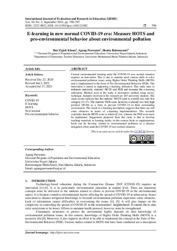 (PDF) E-learning in new normal COVID-19 era: Measure HOTS and pro-environmental behavior about ...