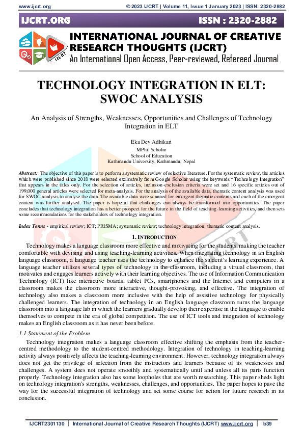 (PDF) TECHNOLOGY INTEGRATION IN ELT: SWOC ANALYSIS An Analysis of Strengths, Weaknesses ...
