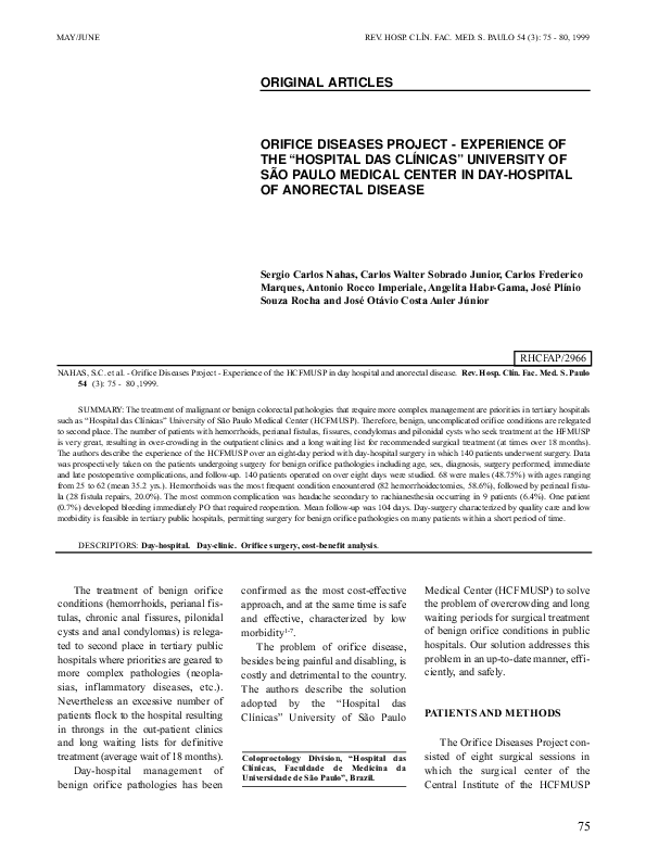 (PDF) Orifice diseases project - experience of the "Hospital das ...