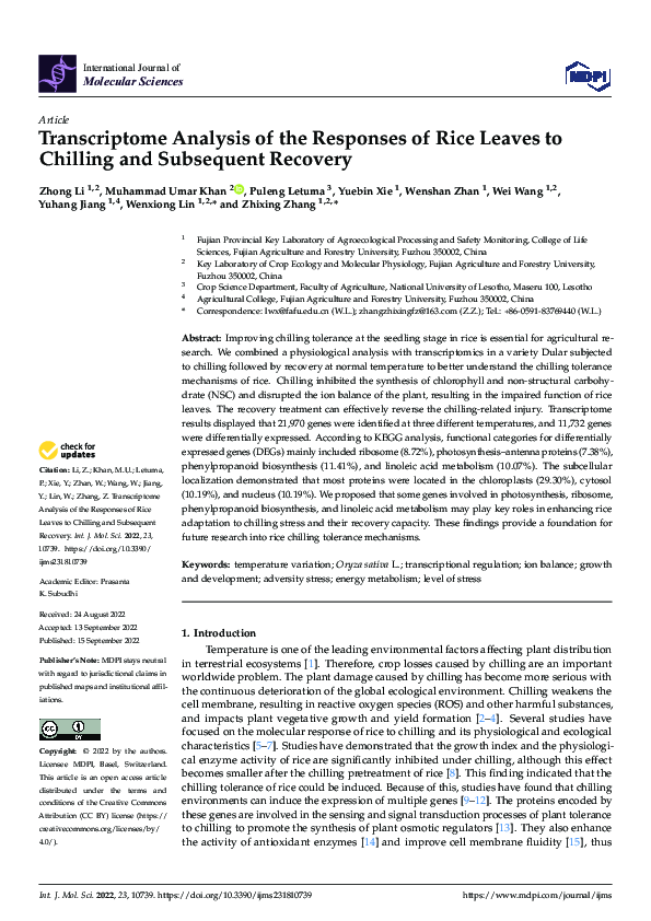 (PDF) Transcriptome Analysis of the Responses of Rice Leaves to Chilling and Subsequent Recovery ...