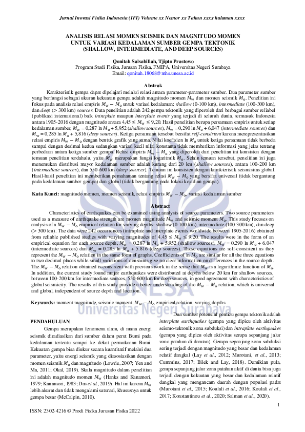 (PDF) ANALISIS RELASI MOMEN SEISMIK DAN MAGNITUDO MOMEN UNTUK VARIASI KEDALAMAN SUMBER GEMPA ...