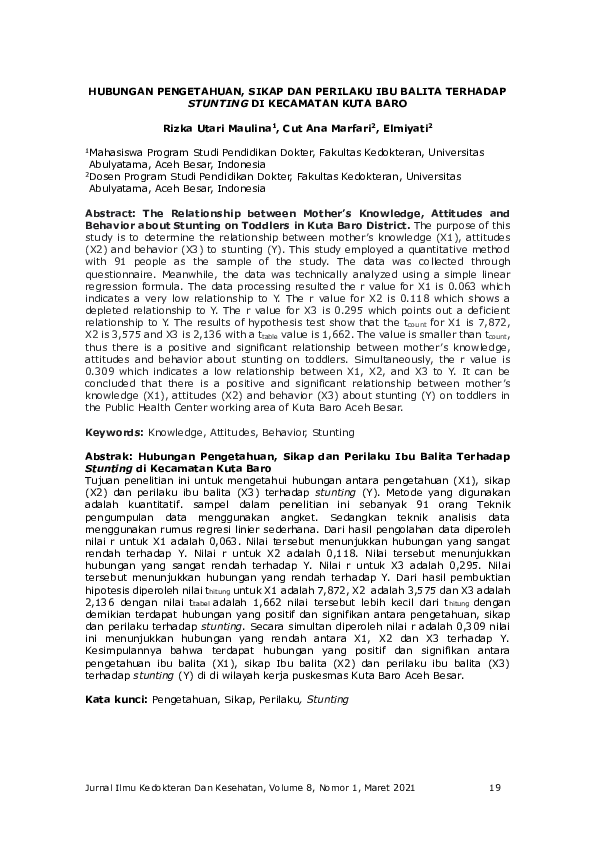 (PDF) Hubungan Pengetahuan, Sikap Dan Perilaku Ibu Balita Terhadap Stunting DI Kecamatan Kuta Baro