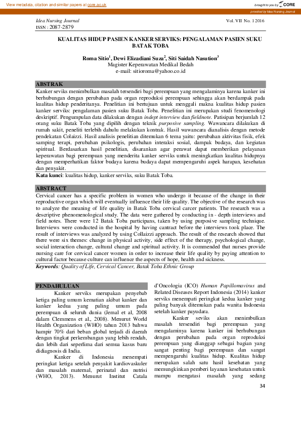 (PDF) Kualitas Hidup Pasien Kanker Serviks: Pengalaman Pasien Suku Batak Toba