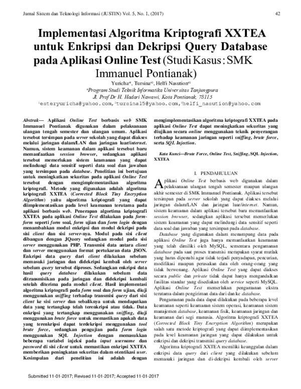 (PDF) Implementasi Algoritma Kriptografi XXTEA untuk Enkripsi dan Dekripsi Query Database pada ...