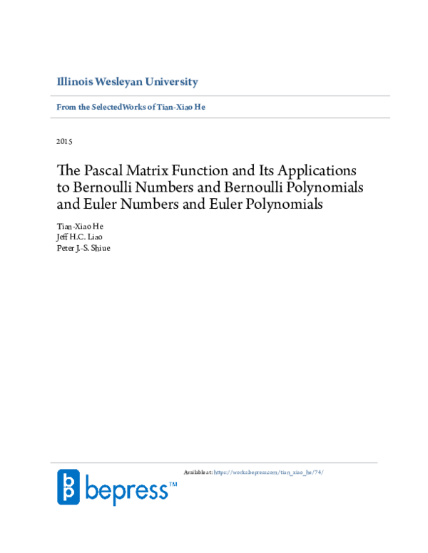 (PDF) The Pascal Matrix Function and Its Applications to Bernoulli Numbers and Bernoulli ...