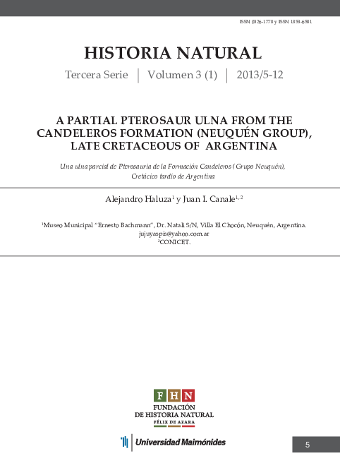 (PDF) A partial pterosaur ulna from the Candeleros Formation (Neuquén ...