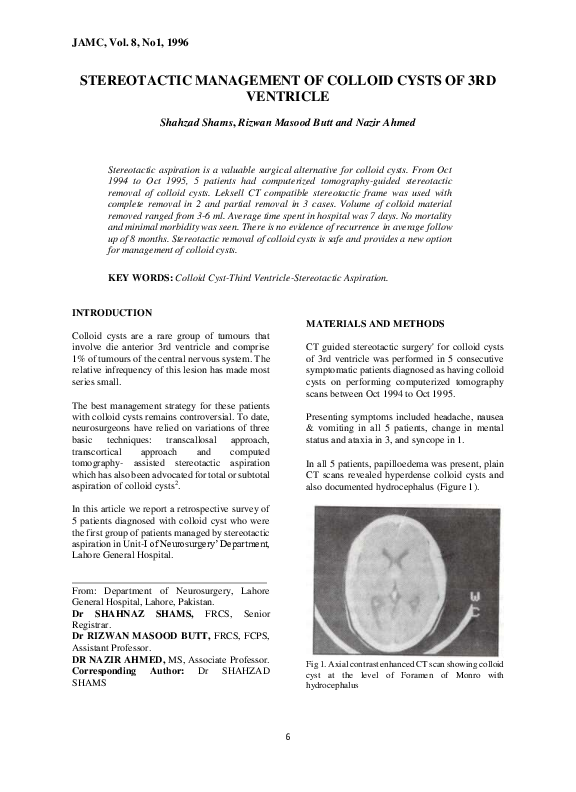 (PDF) Stereotactic Management of Colloid Cysts of 3RD Ventricle