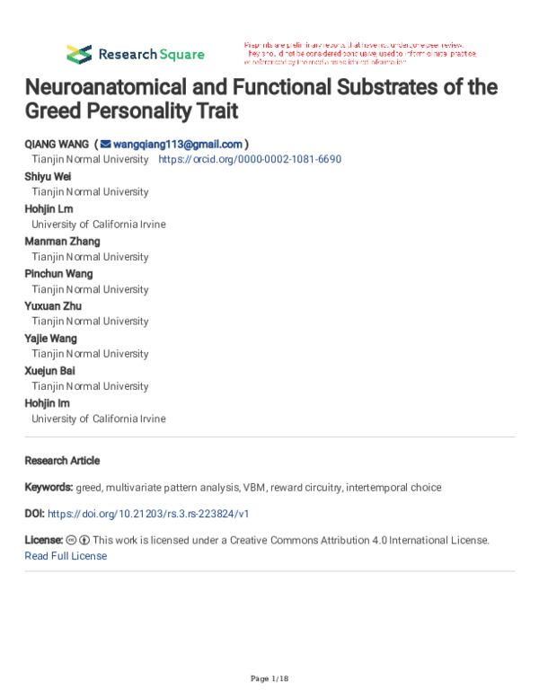 (PDF) Neuroanatomical and functional substrates of the greed ...