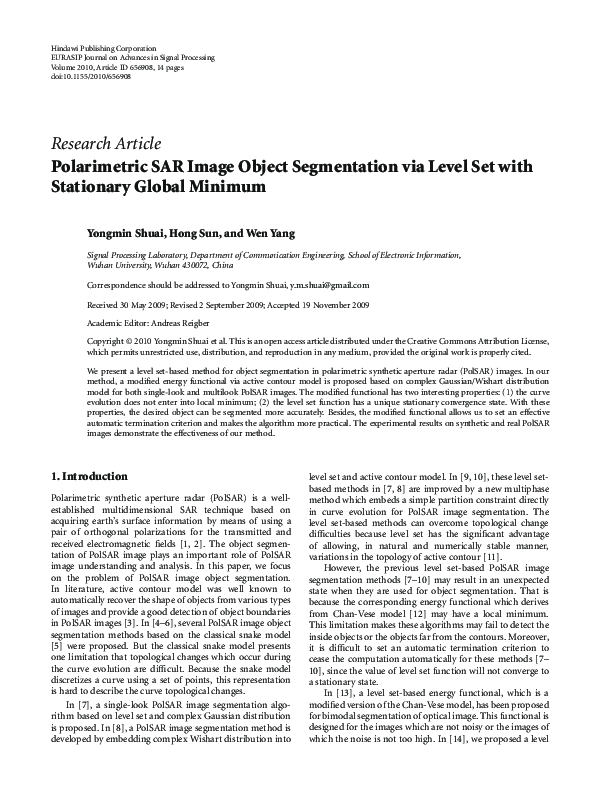 (PDF) Polarimetric SAR Image Object Segmentation via Level Set with Stationary Global Minimum