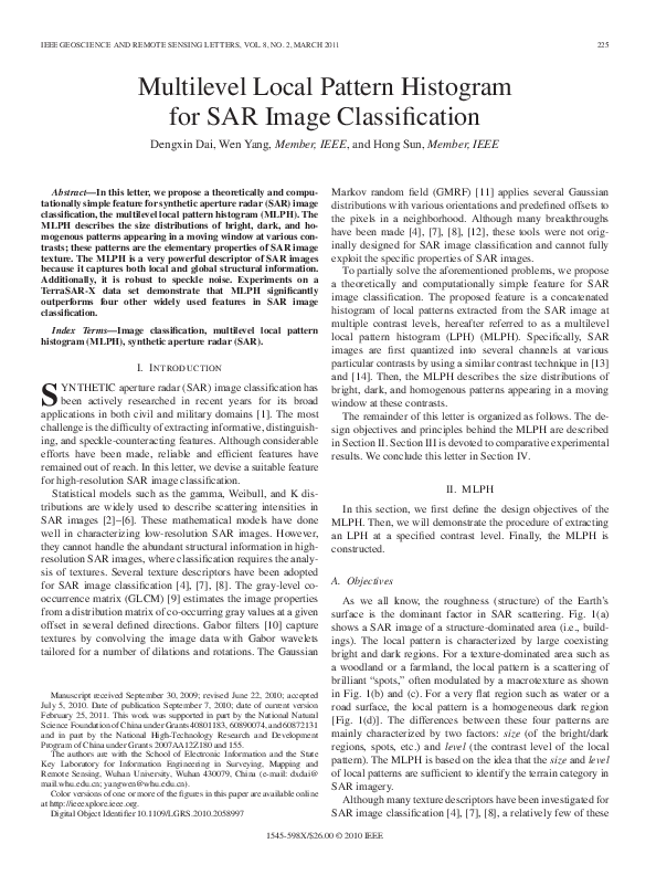 Pdf Multilevel Local Pattern Histogram For Sar Image Classification