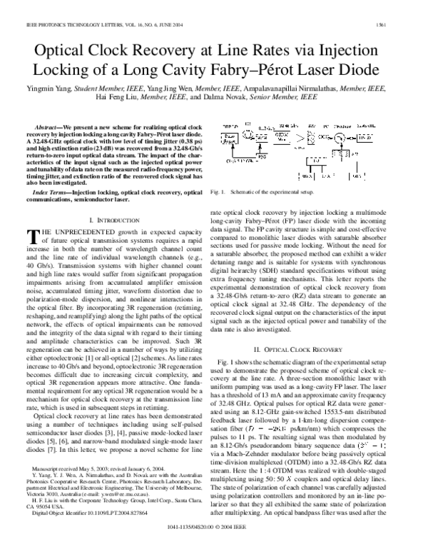 (PDF) Optical Clock Recovery at Line Rates via Injection Locking of a ...