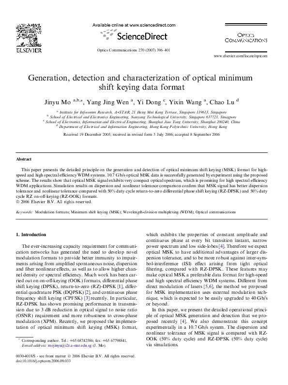 Pdf Generation Detection And Characterization Of Optical Minimum Shift Keying Data Format