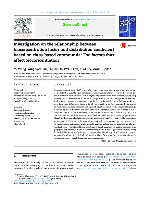 (PDF) Investigation on the relationship between bioconcentration factor and distribution ...