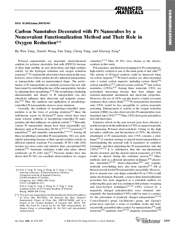 (PDF) Carbon Nanotubes Decorated with Pt Nanocubes by a Noncovalent Functionalization Method and ...