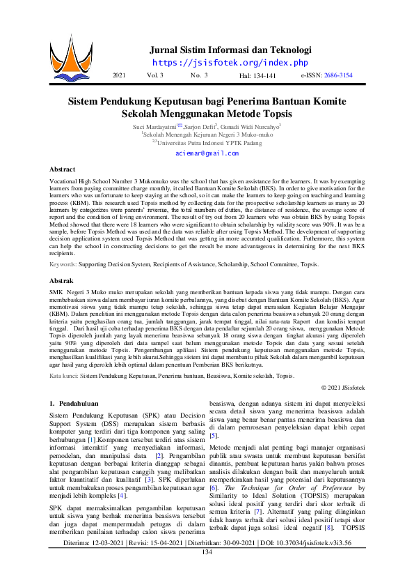 (PDF) Sistem Pendukung Keputusan bagi Penerima Bantuan Komite Sekolah Menggunakan Metode Topsis