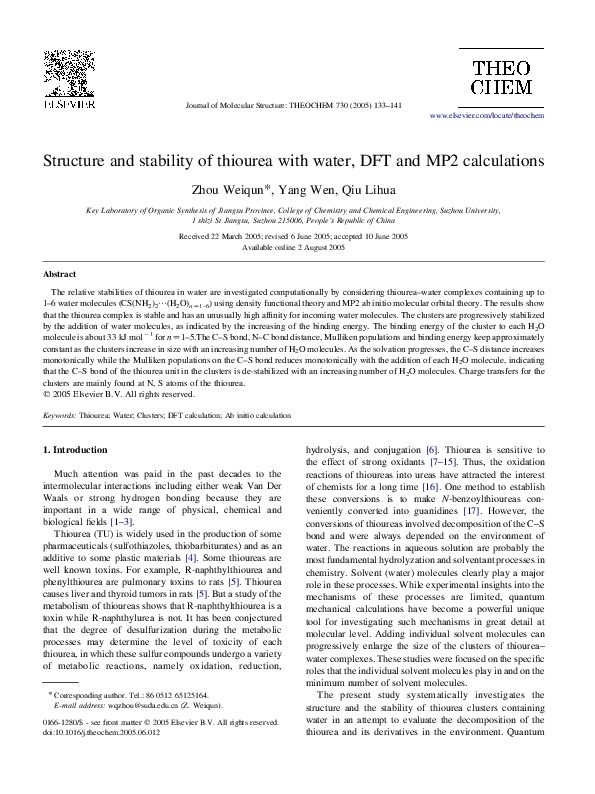 (PDF) Structure and stability of thiourea with water, DFT and MP2 calculations