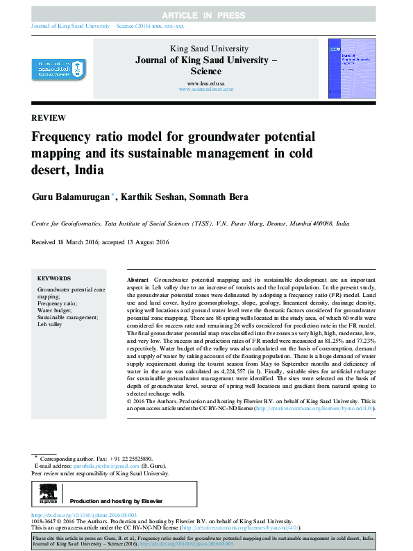 (PDF) Frequency ratio model for groundwater potential mapping and its sustainable management in ...