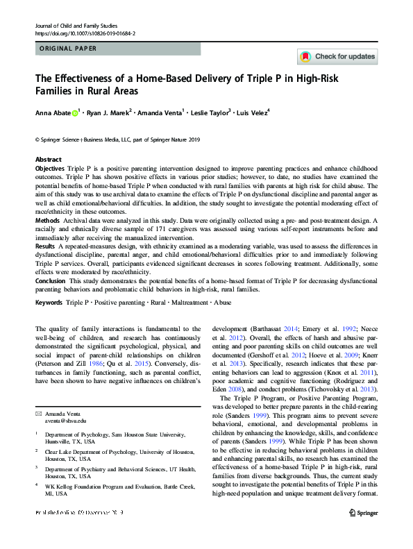 (PDF) Home-Based Triple P Benefits for High-Risk Rural Families