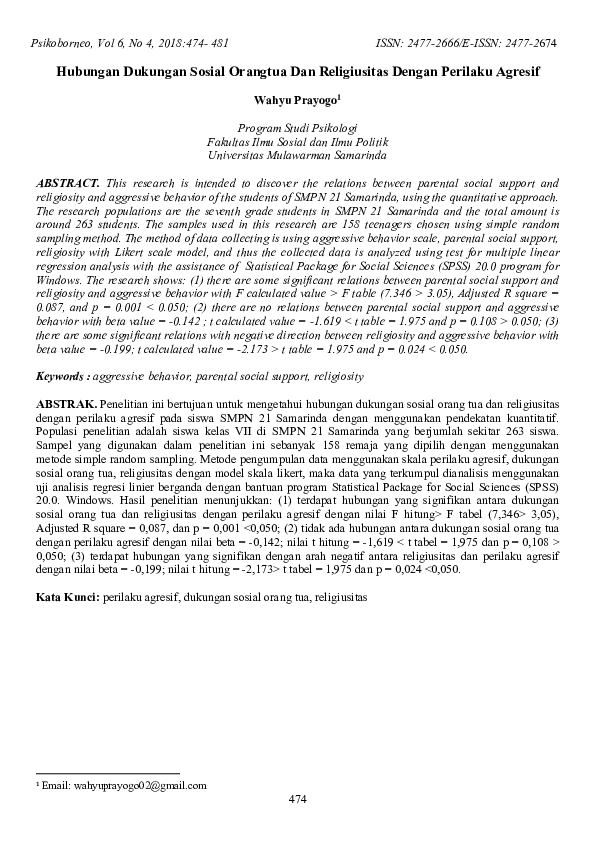 (PDF) Hubungan Dukungan Sosial Orangtua dan Religiusitas Dengan Perilaku Agresif