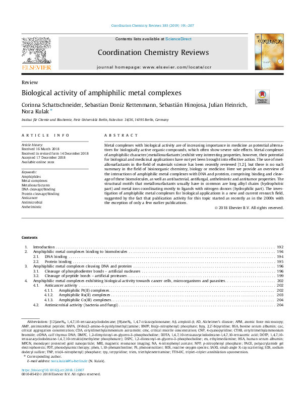 (PDF) Biological activity of amphiphilic metal complexes