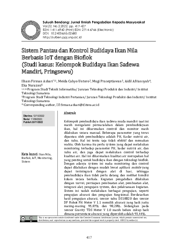 Sistem Pantau Dan Kontrol Budidaya Ikan Nila Berbasis Iot Dengan