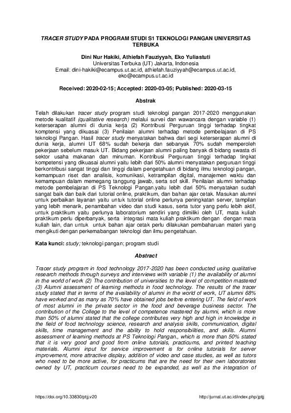 (PDF) Tracer Study Pada Program Studi S1 Teknologi Pangan Universitas Terbuka