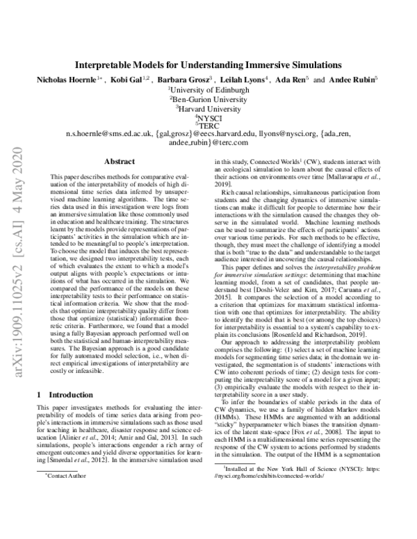 Pdf Interpretable Models For Understanding Immersive Simulations