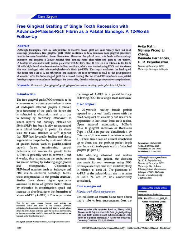 (PDF) Free gingival grafting of single tooth recession with advanced ...