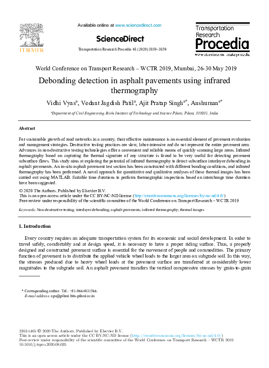 (PDF) Debonding detection in asphalt pavements using infrared thermography