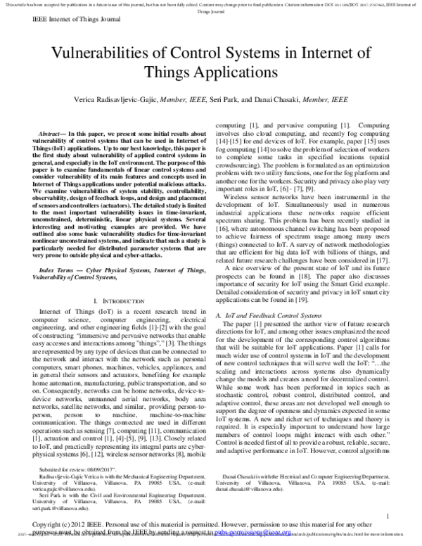 Pdf Vulnerabilities Of Control Systems In Internet Of Things Applications