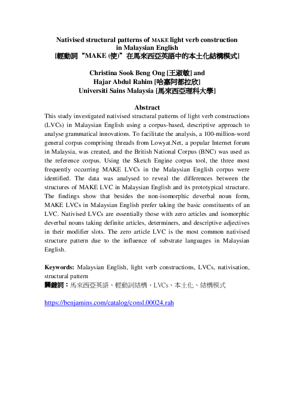 (PDF) Nativised structural patterns of make light verb construction in Malaysian English