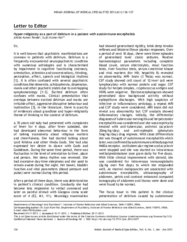 (PDF) Hyper-religiosity as a part of delirium in a patient with ...