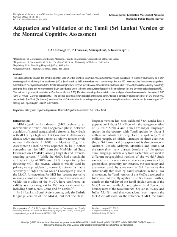 (PDF) Adaptation and Validation of the Tamil (Sri Lanka) Version ofthe ...