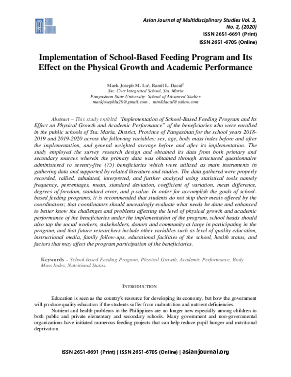 (PDF) Implementation of School-Based Feeding Program and Its Effect on the Physical Growth and ...