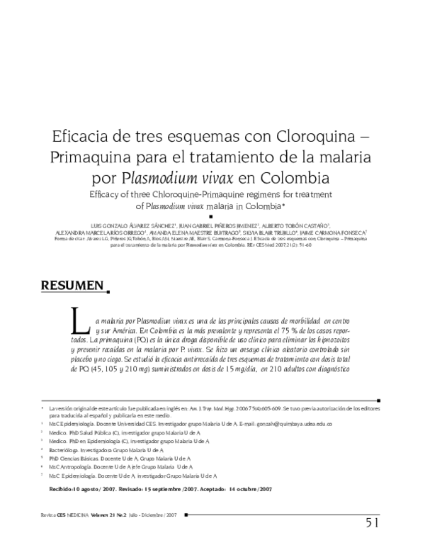 (PDF) Eficacia de tres esquemas con Cloroquina Primaquina para el ...