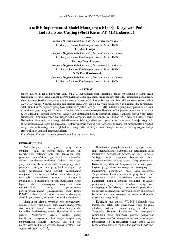 (PDF) Analisis Implementasi Model Manajemen Kinerja Karyawan Pada Industri Steel Casting (Studi ...