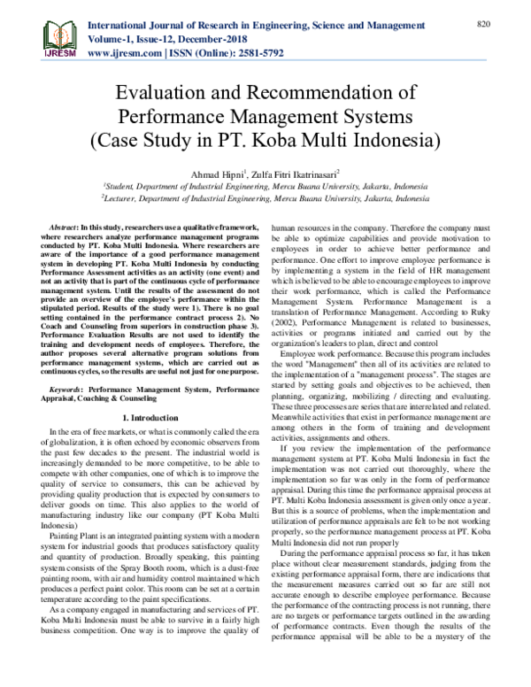 (PDF) Evaluation and Recommendation of Performance Management Systems ( Case Study in PT . Koba ...