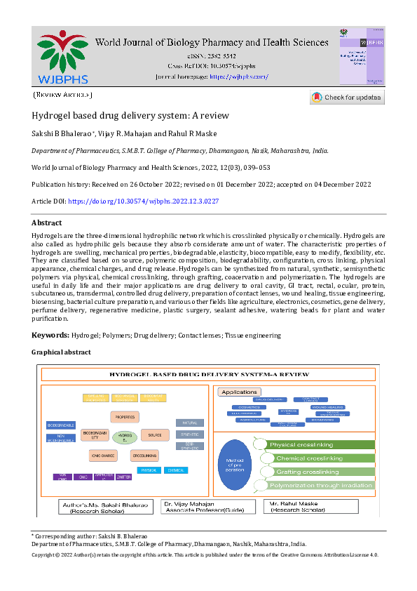 (PDF) Hydrogel Systems for Drug Delivery Applications