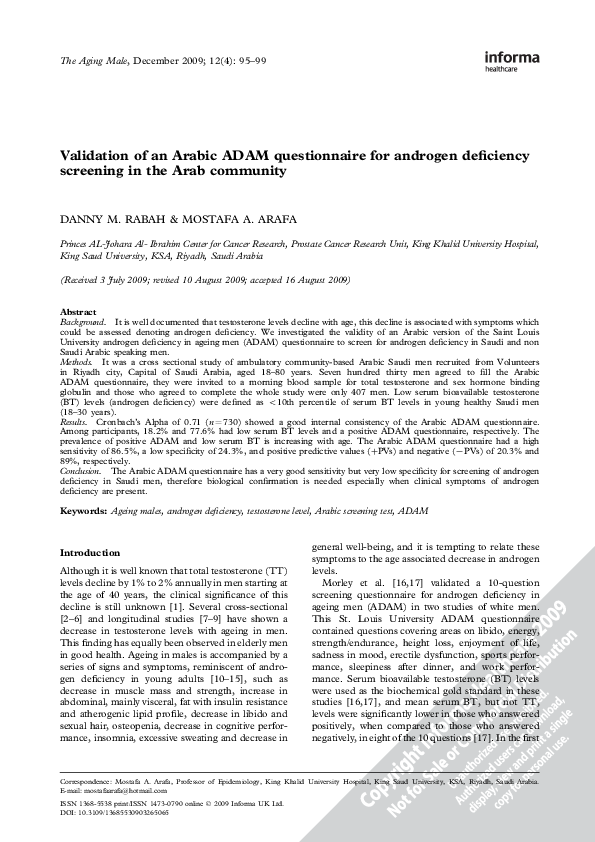 (PDF) Validation of an Arabic ADAM questionnaire for androgen ...