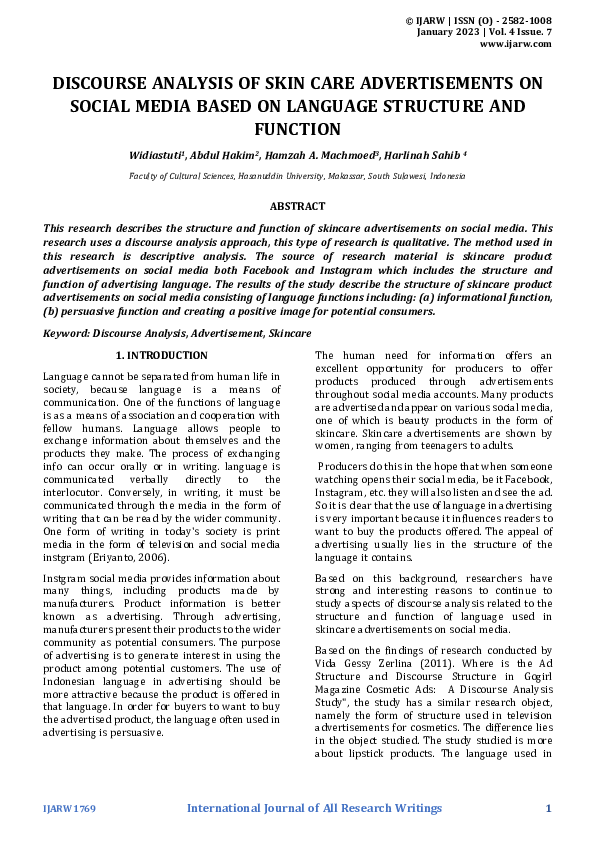 (PDF) DISCOURSE ANALYSIS OF SKIN CARE ADVERTISEMENTS ON SOCIAL MEDIA ...