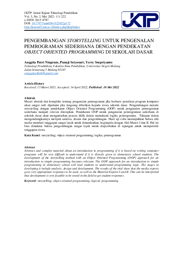 (PDF) Pengembangan Storytelling Untuk Pengenalan Pemrograman Sederhana Dengan Pendekatan Object ...
