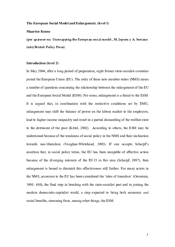 (PDF) The European Social Model and Enlargement . ( level 1 )