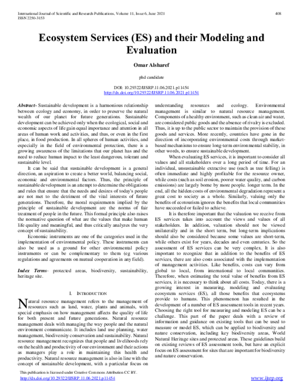 (PDF) Ecosystem Services (ES) and their Modeling and Evaluation