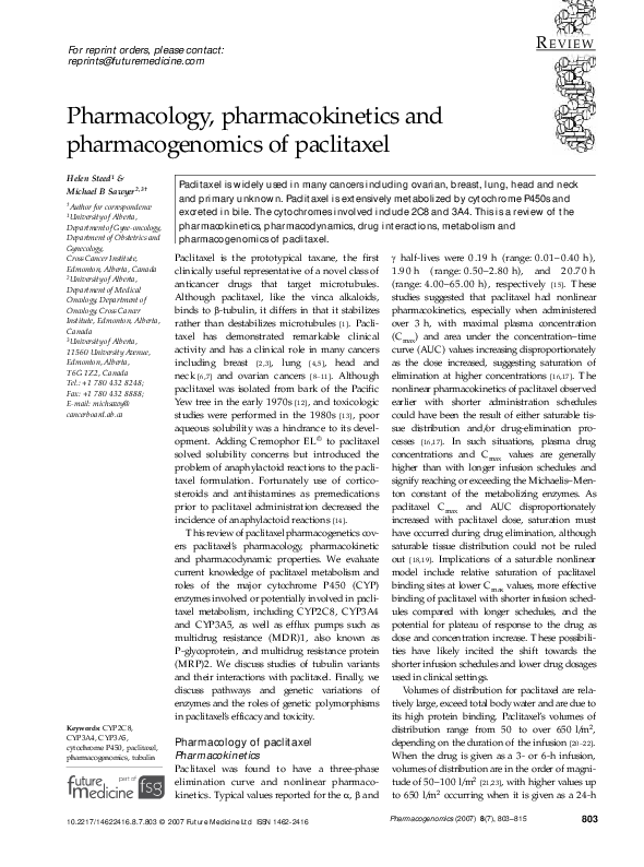 (PDF) Pharmacology, pharmacokinetics and pharmacogenomics of paclitaxel