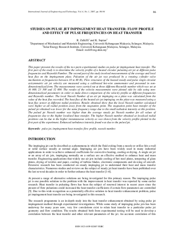 (PDF) Studies on pulse jet impingement heat transfer: Flow profile and ...