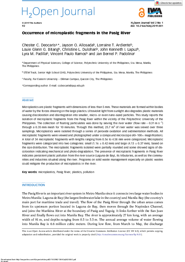(PDF) Occurrence of microplastic fragments in the Pasig River