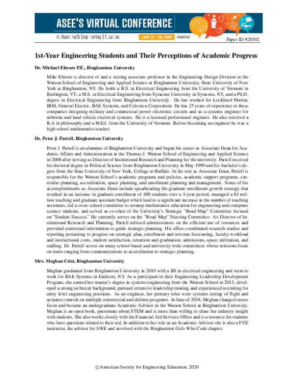 (PDF) First-year Engineering Students and Their Perceptions of Academic Progress
