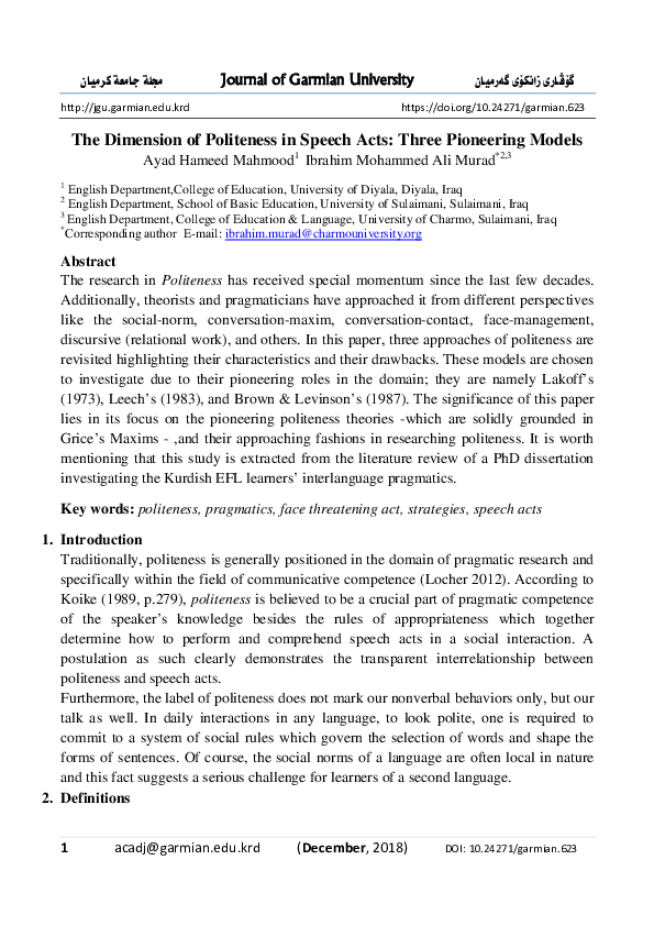 (PDF) The Dimension of Politeness in Speech Acts: Three Pioneering Models
